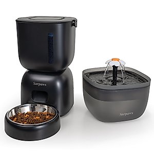 Automatic Cat Feeder and Cat Water Dispenser FW1, Wire or Battery Cat Food Dispenser Timer Pet Feeder - Locking Lid, Desiccant Bag, Programmable Portion Control, 4 Daily Meals, 10s Voice Recorder