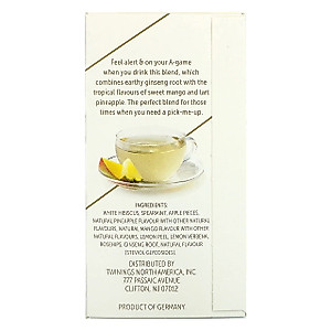 Twinings Focus Tea - Mango & Pineapple Flavoured Hibiscus Tea with Revitalizing Ginseng Root, Naturally Caffeine-Free Herbal Tea Bags Individually Wrapped, 18 Count