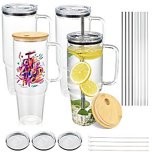 Laosh 40 oz Sublimation Glass Tumbler with Handle, Clear Tumblers with Lid and Straw, 40oz Large Capacity Drinking Glass Cups Bulk for Smoothie, Beer, Coffee, Tea, Milk, soda, water - 4 Pack