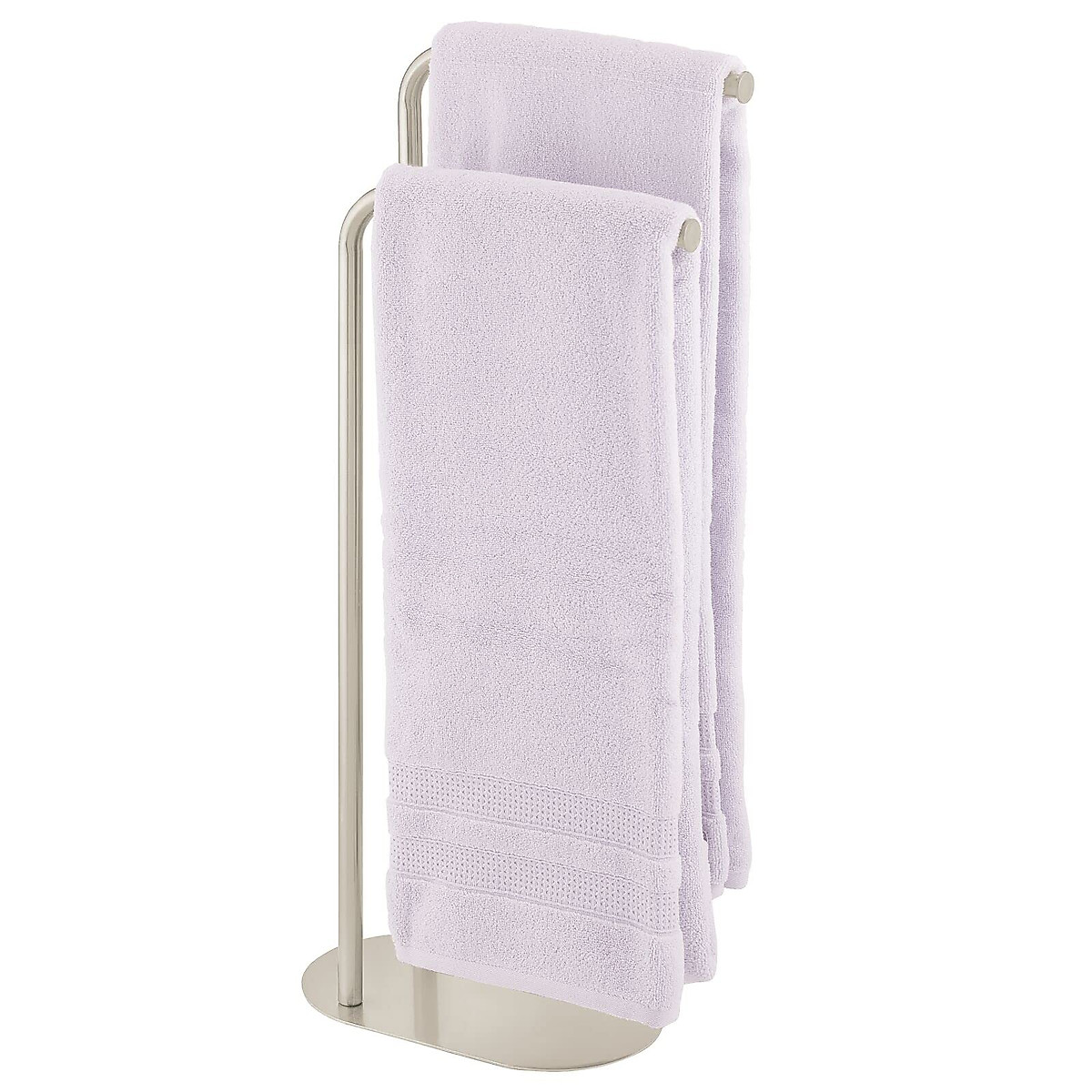 mDesign Tall Stainless Freestanding Towel Rack Holder - 2 Tier Minimalist Pedestal Hanger Holders for Kitchen and Bathroom - Racks for Bath, Hand, Dish, and Tea Towels or Washcloths - Satin