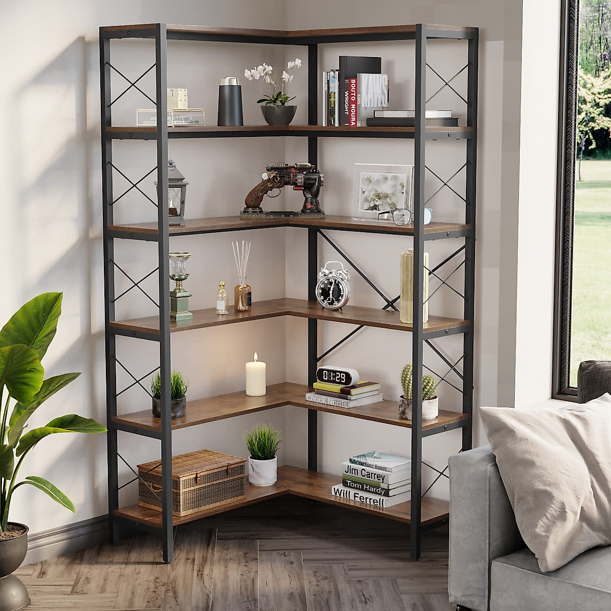 Jartoil Corner Bookshelf 6-Tier, Tall Book Shelf L-Shaped, Large Etagere Bookcase Industrial Style with Metal Frame for Home Office Shelves