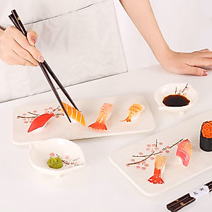 Relaxing Garden Japanese sushi plate set, 10-inch rectangle ceramic sushi dishes, sushi set with 2 japanese dishes and 2 dipping dishes and 2 pairs of chopsticks, sushi serving set for 2