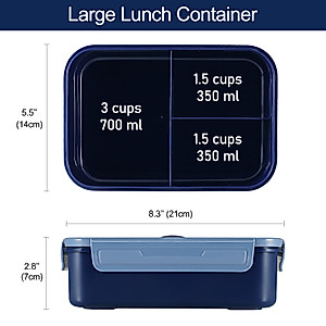 Caperci Classic Bento Box Adult Lunch Box for Older Kids - Leakpoof 47 oz 3-Compartment Lunch Containers for Adults and Teens, Built-in Utensil Set, Ideal for On-the-Go Balanced Eating, Navy Blue