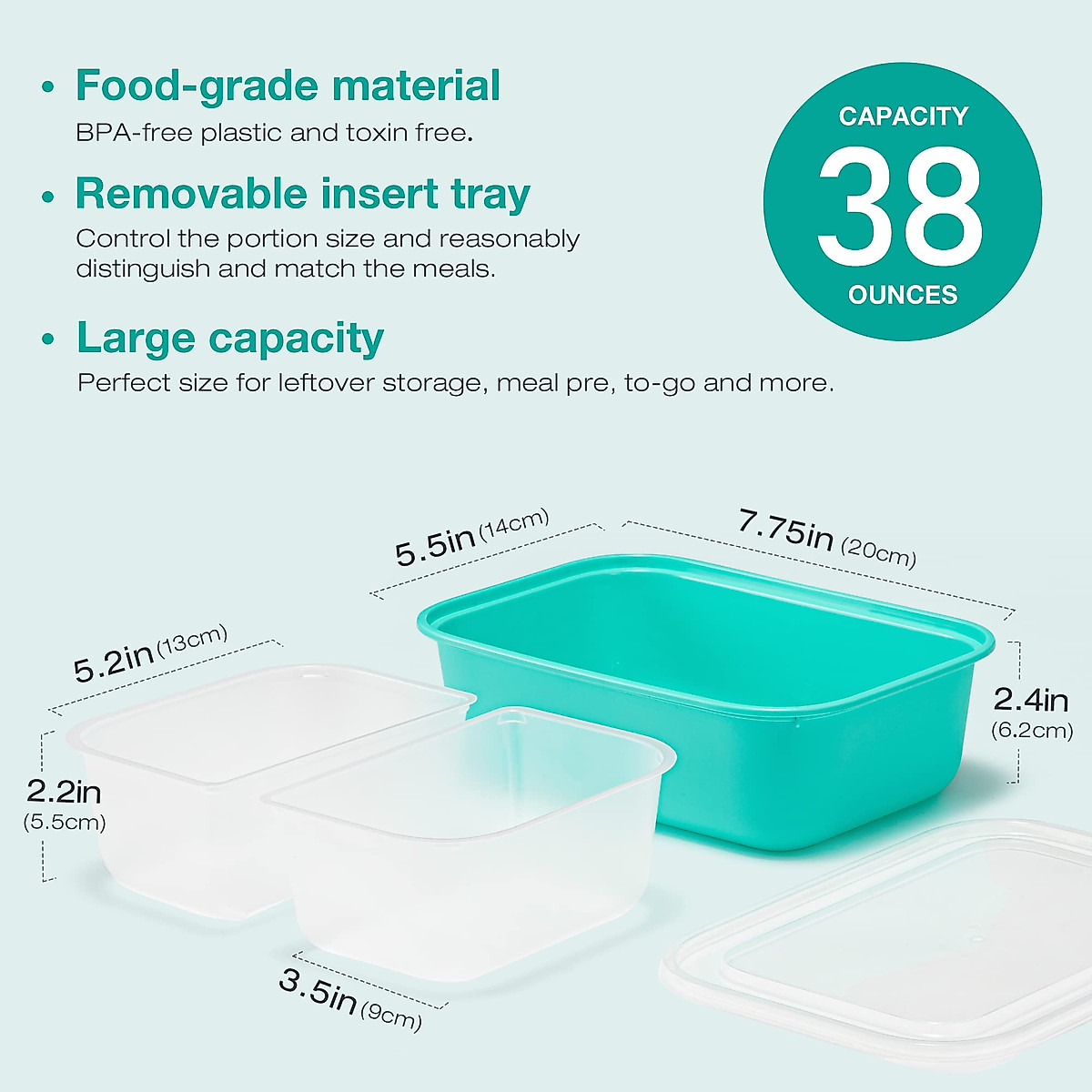 Glotoch Meal Prep Containers Reusable,38OZ 1or2 Compartment To Go Containers, Double Use as Divided Plastic Food Prep Containers with Lids for Lunch, Microwave&Freezer Safe, BPA-Free,30 Packs, Teal