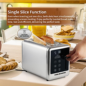 Smart Toaster Digital Tuch Screen Toaster with 5 Bread Selection 7 Shade Setting and Bagel/Defrost/Cancel/Reheat Function 1.5” 2 Slice Stainless Steel Toaster with Removable Crumb Tray