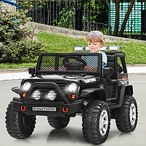 Costzon 2-Seater Ride on Truck, 12V Battery Powered Electric Vehicle w/Remote Control, 2 Speeds, Spring Suspension, LED Light, Horn, Music/ MP3, 2 Doors Open, Ride on Car for Kids (Black)