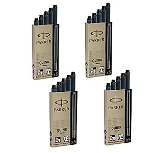 Parker Quink Permanent Ink Fountain Pen Refill Cartridges, 20 Black Ink Refills (3011031PP)
