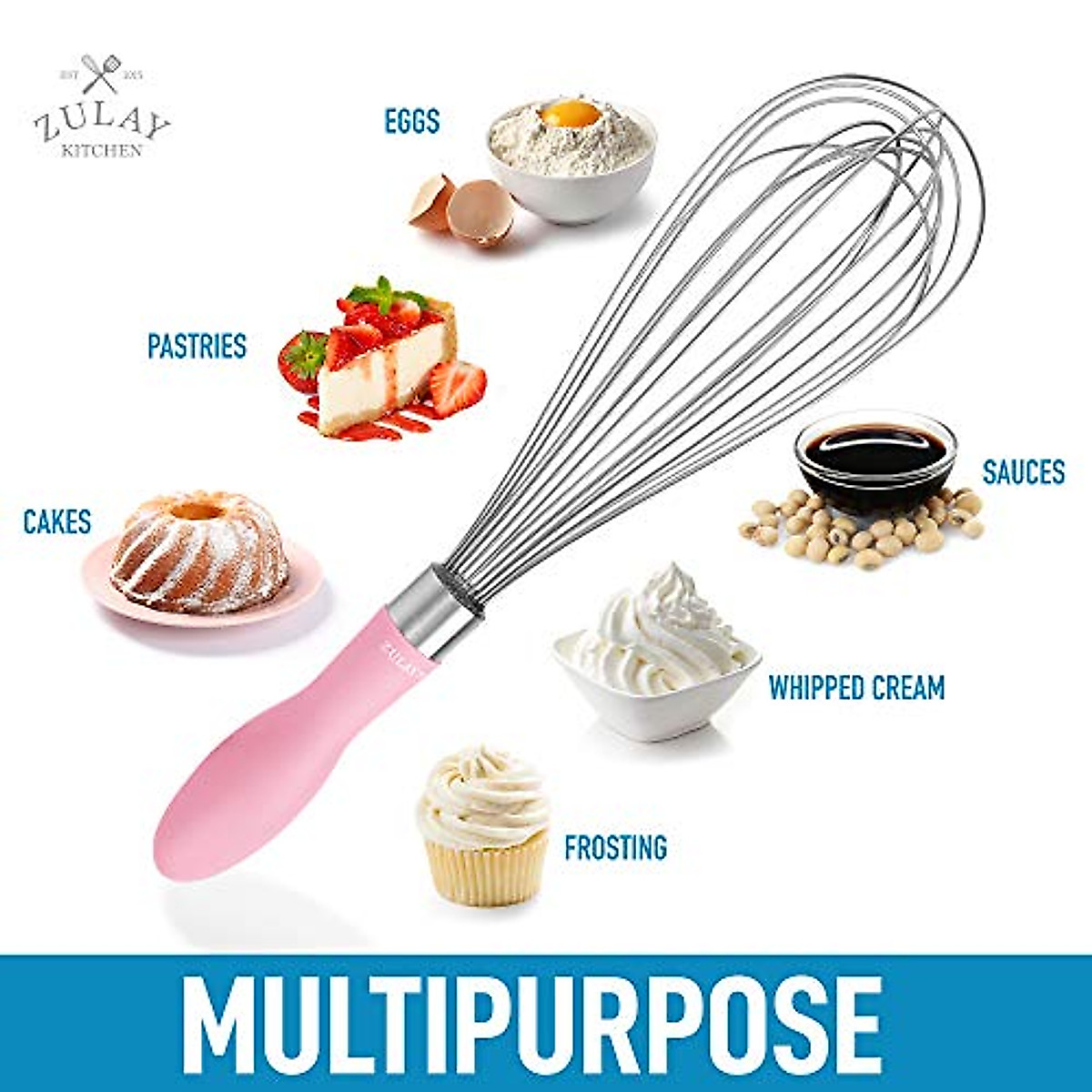 Zulay 12-Inch Stainless Steel Whisk - Balloon Whisk Kitchen Tool With Soft Silicone Handle - Thick Durable Wired Whisk Utensil For Blending, Beating, Whisking, Frothing, Stirring & More (Pink)