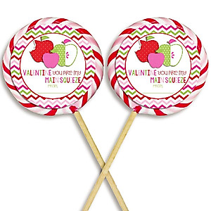 Main Squeeze Apple-Themed Valentine Party Favor Sticker Labels, 40 2" Party Circle Stickers by AmandaCreation, Great for Classroom Valentines, Envelope Seals, Gifts & Treats