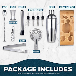 Mixology Bartender Kit - Home Bar Accessories Set with Jigger and Shakers for Bartending, 25oz Martini Shaker, Strainer, Spoon, Pourers, Muddler, Corkscrew, Bamboo Stand - Bar Supplies 12 Piece
