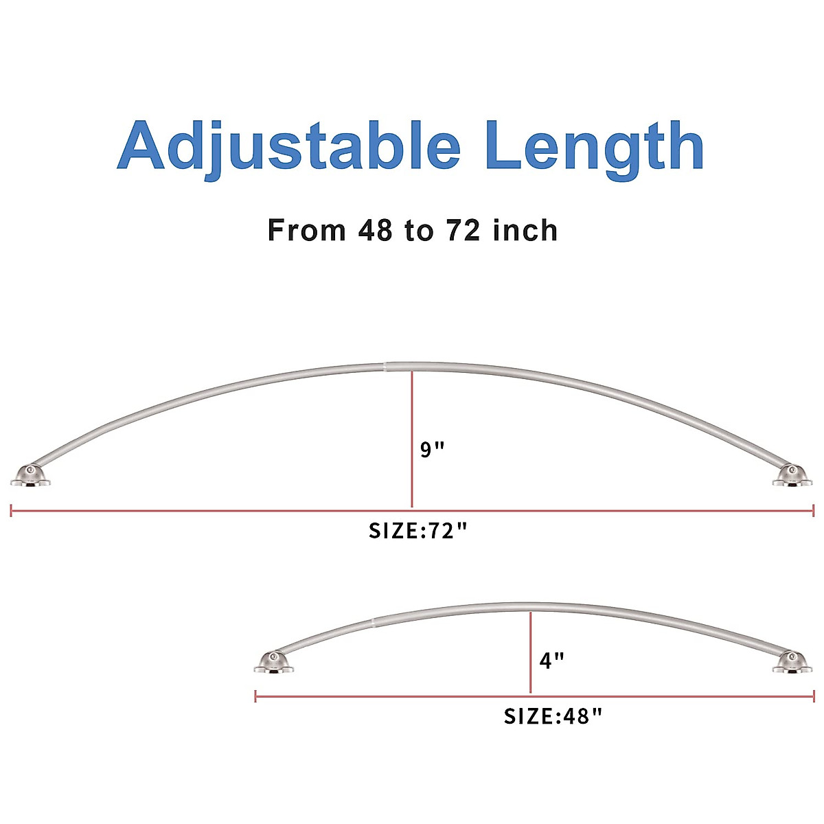 Curved Shower Curtain Rod, TENOVEL Round 48-72 Inches Shower Rods for Bathroom Adjustable, Rounded Bowed Stainless Steel Shower Rods Customized for for Bathtub, Stall, Brushed Nickel, Need to Drill
