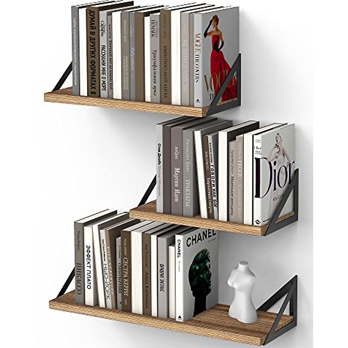 BAYKA Floating Shelves for Bedroom Decor, Rustic Wood Wall Shelves for Living Room Wall Mounted, Hanging Shelving for Bathroom, Laundry Room, Small Shelf for Plants, Books(Brown,Set of 3)