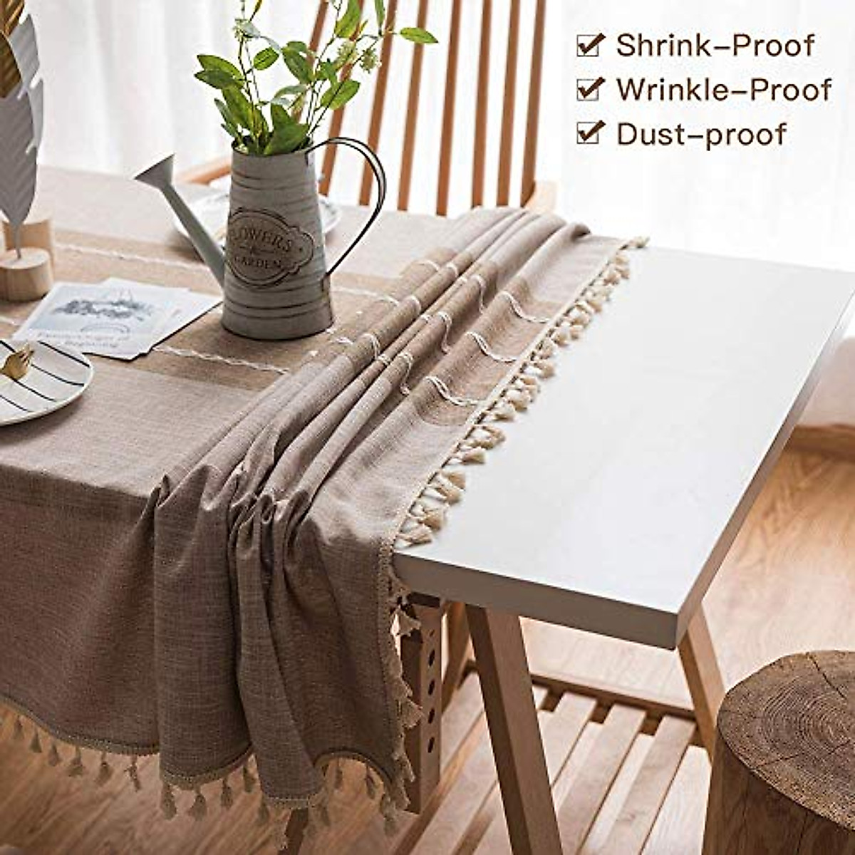 Lipo Waterproof Tablecloth Embroidery Burlap Linen with Tassel - Heavy Duty Wrinkle Free Rectangle Table Cloth for 6 Foot Tables Rustic Farmhouse Tablecloths for Outdoor Party Kitchen 55x86 Coffee