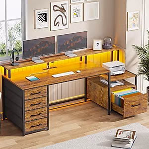 SEDETA Home Office Desk with File Drawer & Power Outlet, 66'' Computer Desk with 5 Drawer, Storage Shelves, Printer Cabinet and Monitor Shelf, Gaming Desk with Led Lights, Rustic Brown