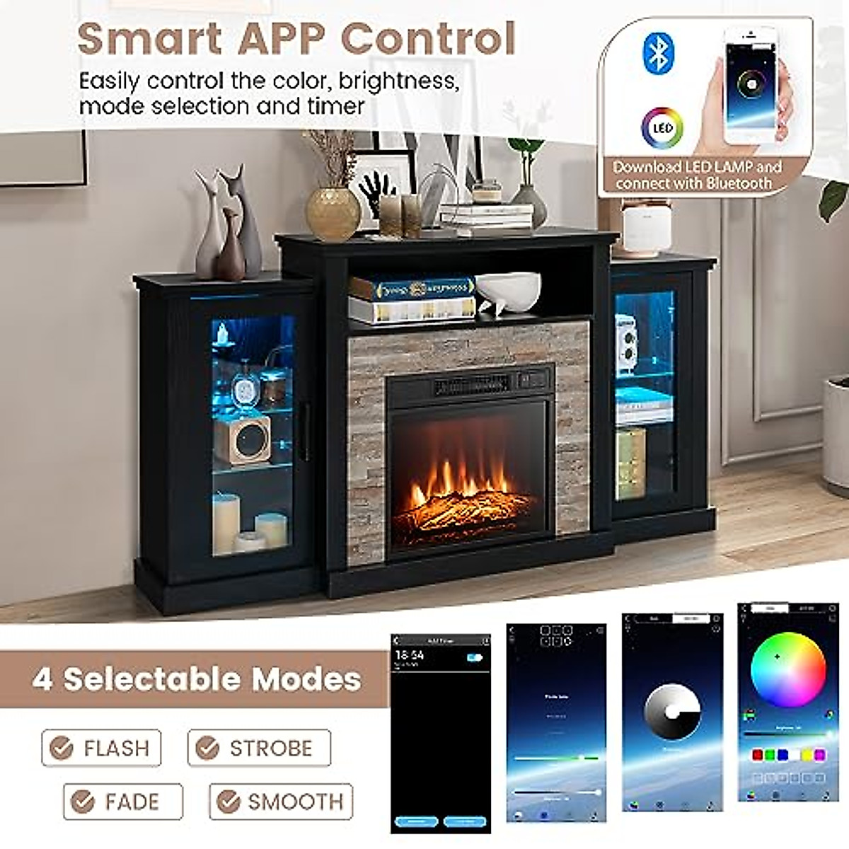 Tangkula Electric Fireplace TV Stand, Electric Fireplace Mantel with 16-Color Led Lights, Adjustable Glass Shelves, Remote & Smart APP Control, TV Console for Living Room (Black)