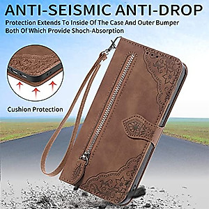 ONV Wallet Case for Oppo Realme 7 Pro - with Zipper Wrist Strap Emboss Flower Flip Phone Case Card Slot Magnet Leather Shell Flip Stand Cover for Oppo Realme 7 Pro[SZY] -Brown