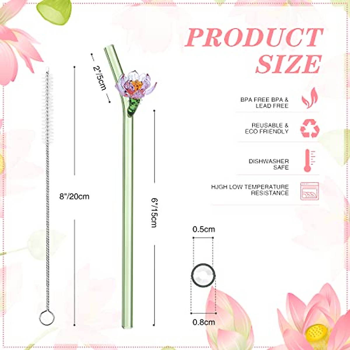 6 Pcs Reusable Glass Straws 8 mm x 7.9 Inch Colorful Lotus Design Green Straws Bent Glass Straws with Cleaning Brush for Smoothie Cocktail Juice Shakes Beverages