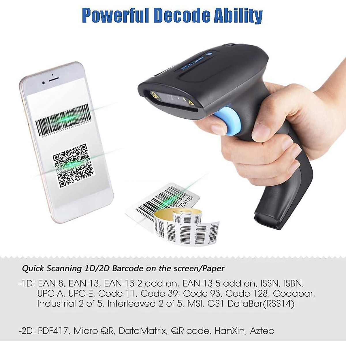 REALINN Wireless 2D QR Barcode Scanner Rechargeable Automatic Hanheld Code Reader Dustproof Waterproof Shockproof Fast and Precide for Mobile Payment, Store, Supermarket, Warehouse