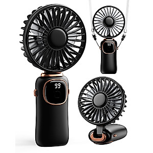 coldSky Portable Handheld Fan, 4000mAh Battery Operated 3 in 1 Multifunction Personal Travel Fan with Digital Display, 90° Foldable Desk Fan with Base, 5 Speed Lash Fan for Makeup/Office (Black)