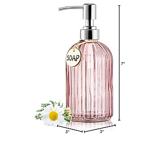 MOCLIF 16OZ Fashion Stripe Clear Glass Refillable Soap Dispenser with 304 Stainless Steel Pump Premium Soap Dispenser， for Kitchen, Bathroom, Hand Sanitizer, Liquid Soap, Lotion, etc. (Clear Pink)