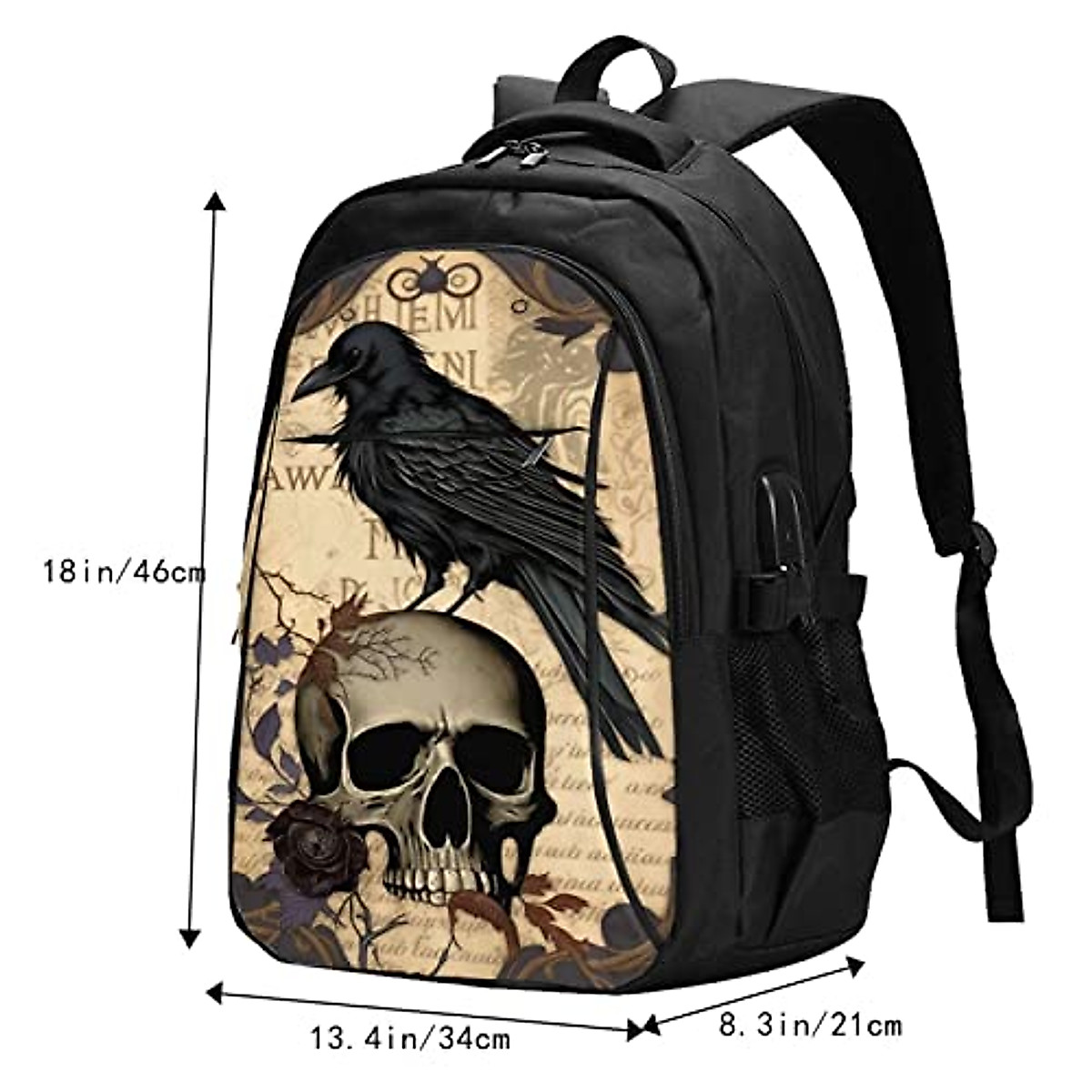 FYCFSLMY Edgar Allan Poe The Raven Skull Laptop Backpack, Travel Backpack With Usb Charging Port, Computer Bag For Men Women