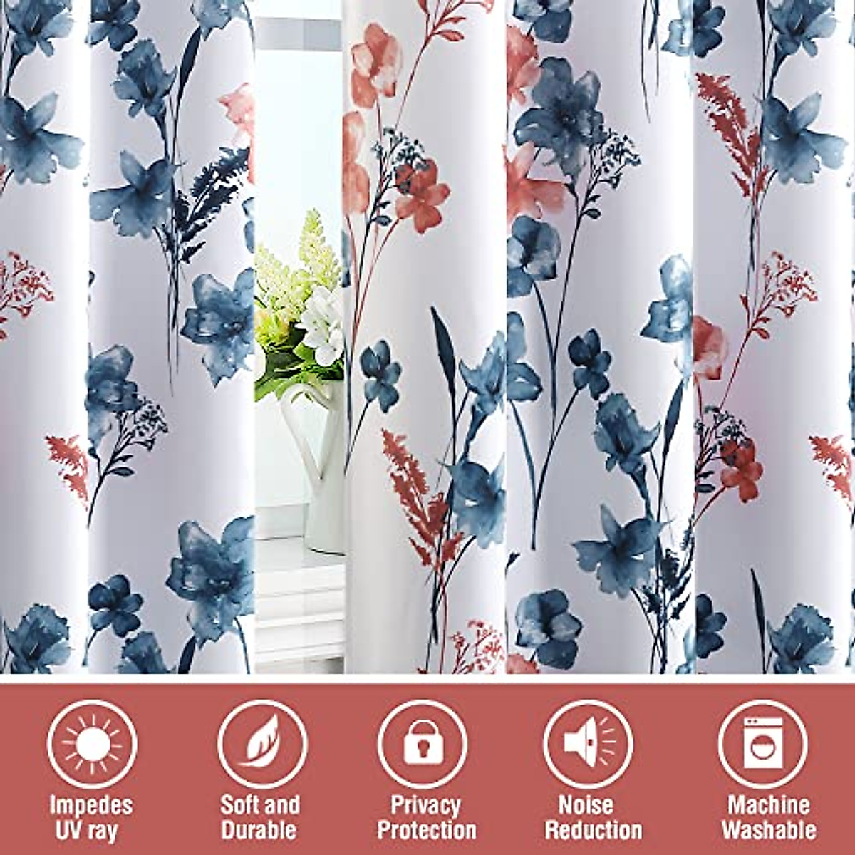 H.VERSAILTEX 100% Blackout Curtains 63 inch Length 2 Panels Set Cattleya Floral Printed Drapes Leah Floral Thermal Curtains for Bedroom with Black Liner Sound Proof Curtains, Stone Blue and Coral