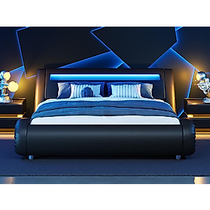 WEEWAY Modern Queen Bed Frame with RGBW LED Lights Headboard, Low Profile Upholstered Platform Sleigh Design, Strong Wood Slats Support, No Box Spring Needed, Black