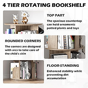 GOOFCXO 4 Tier Rotating Bookshelf, 360° Revolving Bookcase Wood Rotating Stackable Shelves Floor-Standing Storage Display Rack Used in Bedrooms Living Rooms Study Office (52"x18"x18")