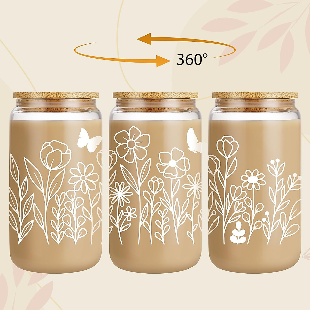 GSPY Floral with Butterfly Iced Coffee Cup, 16oz Iced Coffee Glasses with Lids and Straws - Cute Glass Cups, Aesthetic Cup, Glass Tumbler - Birthday, Mothers Day Gifts for Women, Coffee Lovers
