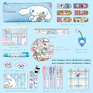 Lobsgous Cinnamoroll School Supplies Set, Cute Cinnamoroll Stationary Set, Kawaii School Supplies - Includes Pencil Case Ballpoint Pen Eraser Ruler ID Badge Holder Stickers Key Chain for Girls Teens