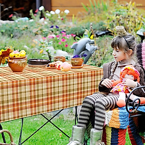 Lenyunge 4PCS Orange Fall Plaid Tablecloth,Checkered Thanksgiving Disposable Tablecloth Waterproof Plastic Autumn Buffalo Plaid Table Cloth for Fall Thanksgiving,54x108Inch