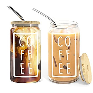 Set of 2 | 16 oz Iced Coffee Cup with Bamboo Lids + Straws | Mason Jar Cups & Iced Coffee Tumbler with Lid and Straw | Glass Cups for Iced Coffee, Boba Cup | Beer Can Glass & Smoothie Cup - Coffee