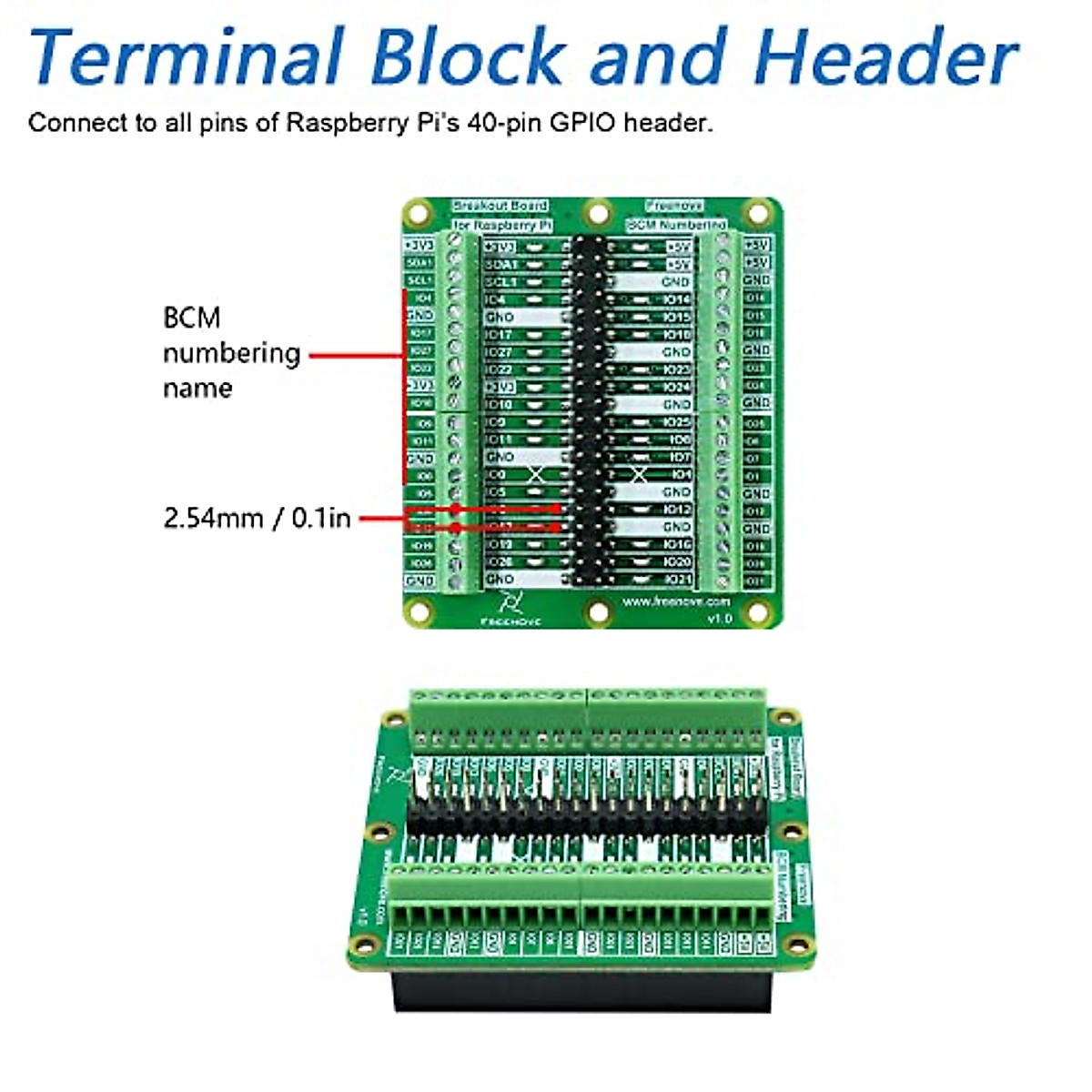 Freenove Breakout Board for Raspberry Pi 5 / 4B / 3B+ / 3B / 3A+ / 2B / 1B+ / 1A+ / Zero W/Zero, Terminal Block HAT, GPIO Status LED