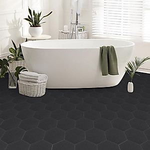 Peel and Stick Floor Tile, 0.027 Inch Thick, Vinyl Flooring, Hexagon Tiles, Easy Cut and Install, Thin and Durable, Waterproof Floor Tile DIY for Bathroom, Solid Black (Covered 3.7 Sq.Ft /10 Pcs)