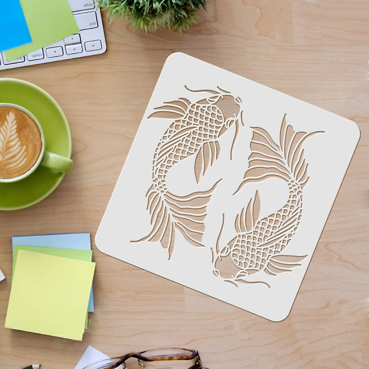 FINGERINSPIRE Koi Drawing Painting Stencils Templates (11.8x11.8inch) Plastic Koi Fish Stencils Decoration Square Carp Stencils for Painting on Wood, Floor, Wall and Fabric