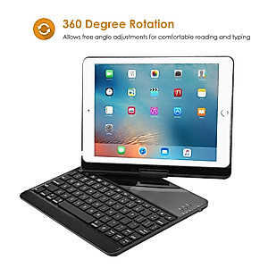ProCase Keyboard Case for iPad 9.7 2018/2017 (Old Model), 360 Degree Rotation Swivel Cover Case with Wireless Keyboard for iPad 9.7 Inch 6th / 5th Gen/iPad Pro 9.7 2016, iPad Air 2/iPad Air 1-Black