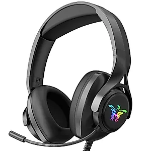 Gaming Headset with Microphone for Playstation 5, Double Head Beam Suspended Soft Soft Memory Earmuffs, 7.1 Surround Sound Wired Headset LED Light for PS5, PC, PS4, iMac, Laptop