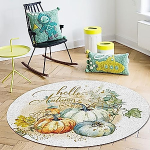 Pumpkin Gold Round Area Rug 3ft,Washable Outdoor Indoor Carpet Runner Rug for Bedroom,Kitchen,Living Room,Office,Area+Rug Small Bath Door Desk Floor Mat Thanksgiving Elegant Fall Eucalyptus Leaves