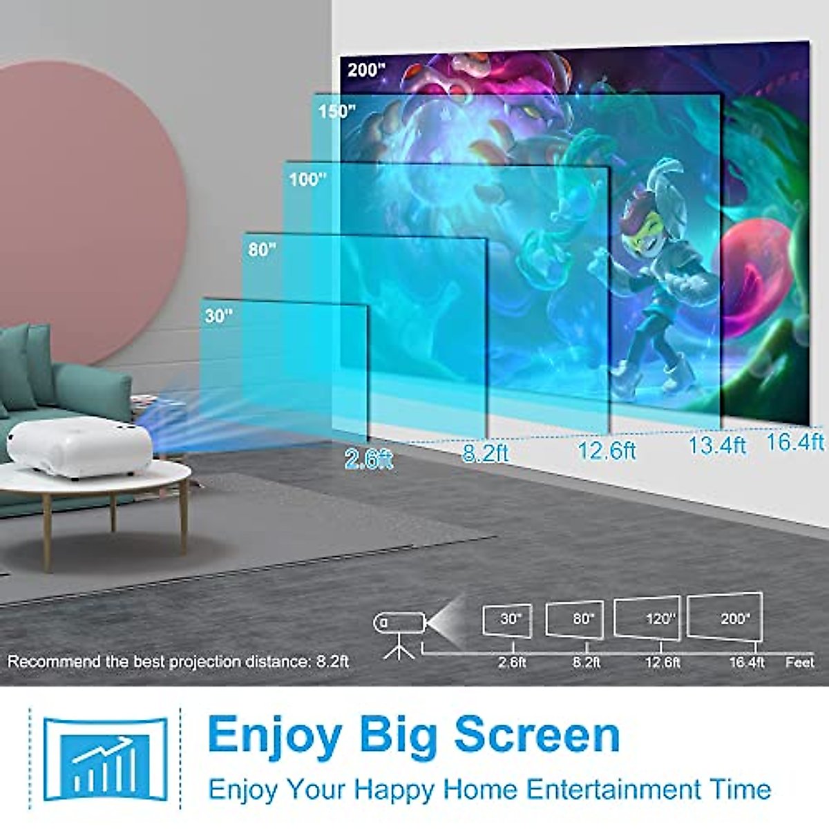 Mini Projector with Projector Screen, BACAR 6000 Lux Portable Projector Support 1080P HD 200" Display Compatible with HDMI USB VGA AV TF iOS & Android PS5 Home Projector Stand Carry Case Included
