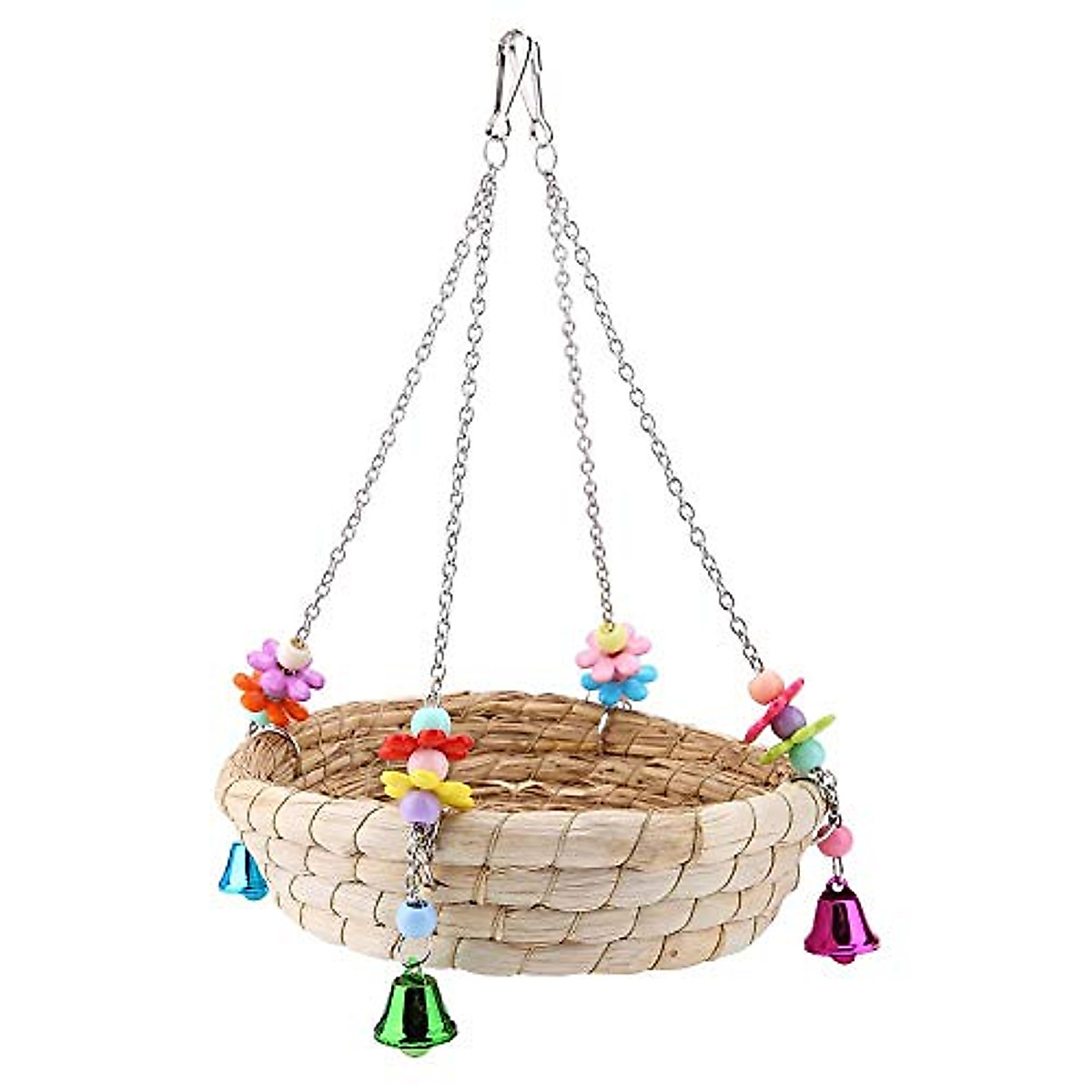 Bird Nest, Safe Parrot Straw Durable Bell Bird Toy Swing Nest Hanging on Birdcage
