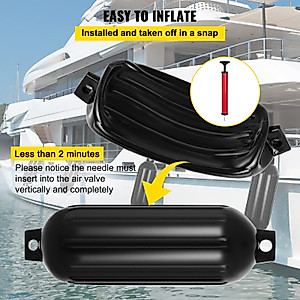VEVOR Mophorn Ribbed Twin Eyes Boat Fender Black Boat Fender Bumper Pack of 4 and Pump to Inflate (Black, 8 x 27 inches)