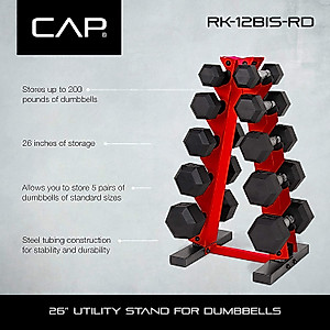 CAP Barbell A-Frame Dumbbell Weight Rack, Red (RK-12BIS-RD) with CAP 50lb Coated Hex Dumbbells, 5x2 20x2, & 10x2 15x2 & 25x2, Part of 150lb Set