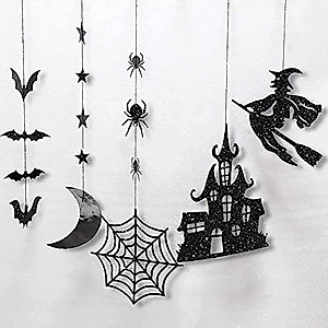 Glitter Black Halloween Party Decorations Gothic Birthday Garlands Hanging Witch Bat Spider Haunted House Star Moon Decor Streamers Backdrop Birthday Baby Shower Home Office Classroom Decor