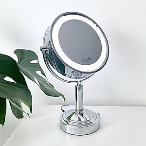 Danielle Creations Professional-Grade Double-Sided L.E.D. Vanity Mirror with Strong 15X Magnification, 360-Degree Rotation, Ultra-Vue Distortion-Free True Image Reflection, Silver Chrome Finish