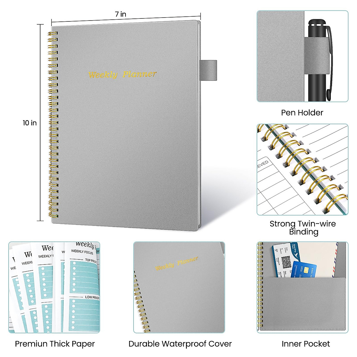 7"x10" Undated Weekly Planner, 53 Weeks To Do List Goals Notebook with Spiral Binding, Flexible Cover, Perfect for Daily & Weekly Plan (Gray)