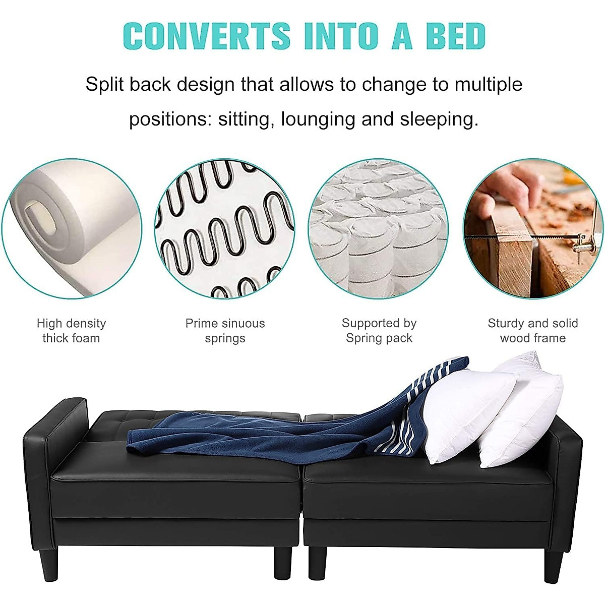 OQQOEE Convertible Sofa Faux Leather Futon Sofa Bed Adjustable Upholstered Sofa Couch Folding Lounge Loveseat with Side Pockets for Living Room,Bed Room