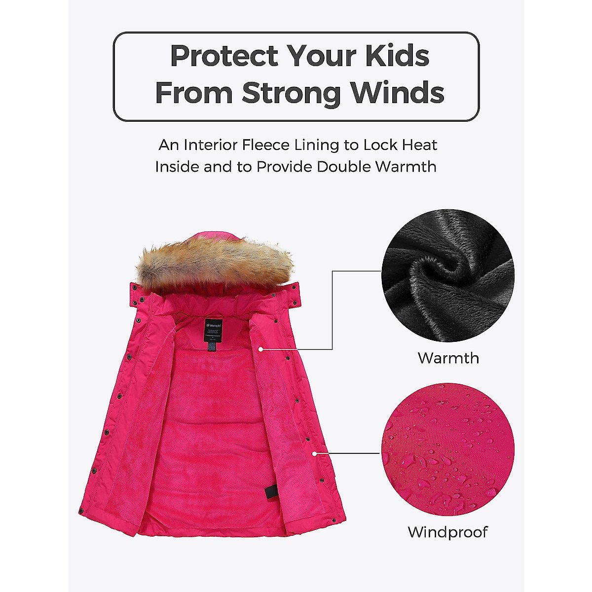 wantdo Girl's Winter Coats Long Puffer Coats Warm Fleece Jacket With Hood Rose Red 10-12
