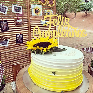 Spanish Feliz Cumpleaños Cake Topper - Gold Glitter Happy Birthday Cake Topper, Fiesta Theme Party Decoration supplies, single-side gold glitter decorations