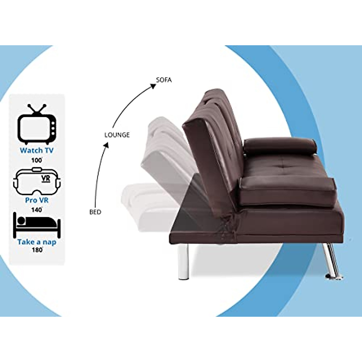 Futon Sofa Bed, Faux Leather Futon Couch with Armrest and 2 Cupholders, Pull Out Sofa Bed Couch Convertible with Metal Legs, Folding, Reclining Small Couch Bed, Futon Bed for Living Room - Espresso