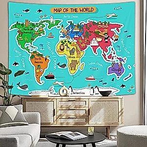 Cartoon World Map Tapestry Wanderlust, Cartoon Animal Mountains Forests World Map for Children and Kids Tapestry Wall Hanging, Wall Blankets Home Decor Beach Towel TV Background Panels 60X40 in